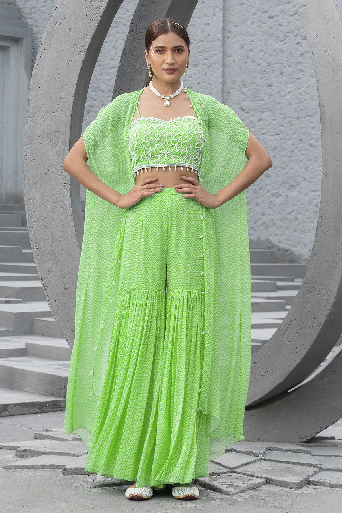 Lime Green Printed Sharara With Cape And Inner – Chhavvi Aggarwal