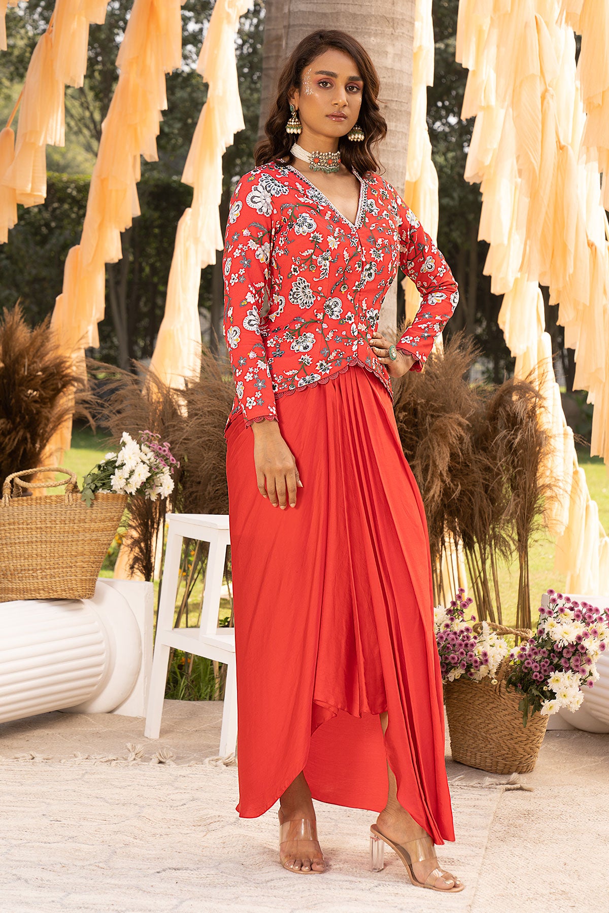 Red Printed Jacket Set – Chhavvi Aggarwal